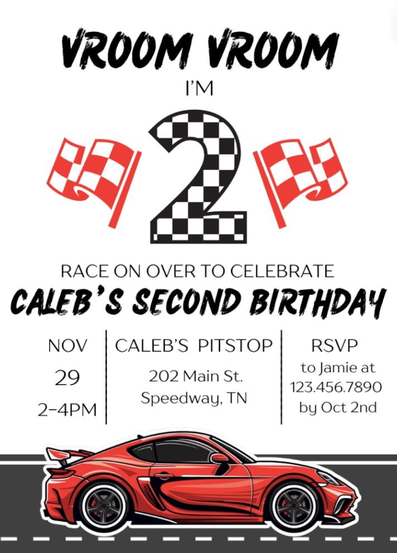 Vroom Vroom I'm Two Birthday Party Invitation Template, Car Birthday ...