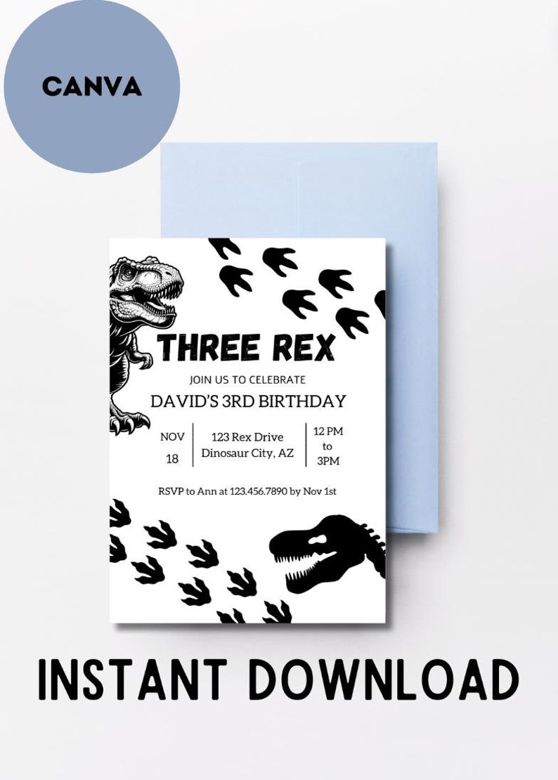 Three Rex Third Birthday Invitation Template - Dinosaurs Invitation - T ...