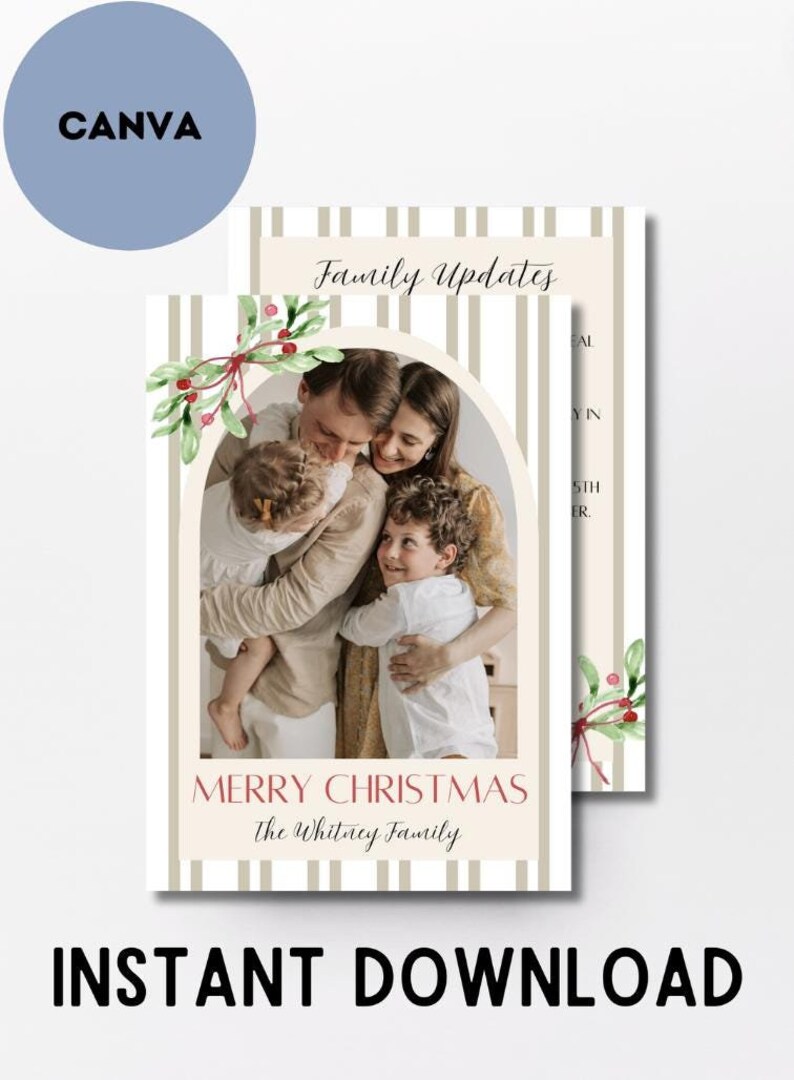 Editable Christmas Card, Neutral Lines, Christmas Sprigs With Red Bow ...
