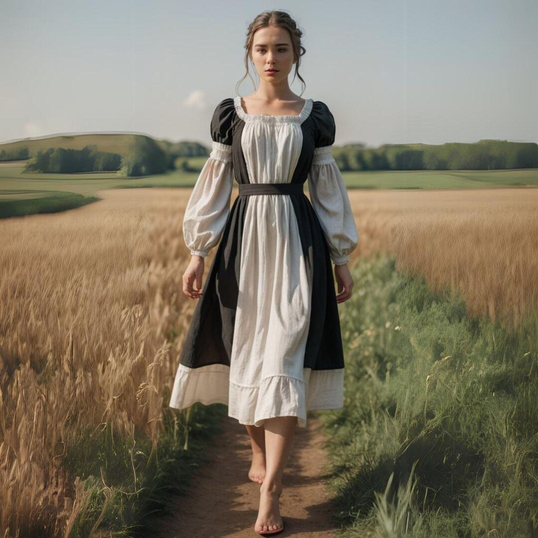 Peasant Maiden Midi Dress | Black & White Renaissance Gown | Rustic ...