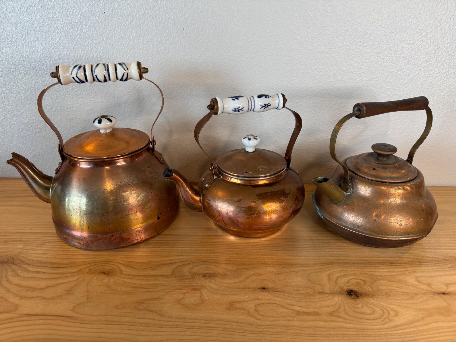 Antique Copper Teapots - Copper Kettles W/ Blue & White Ceramic Handles ...