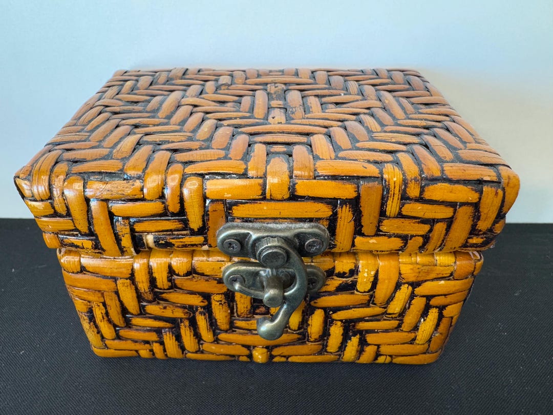 Vintage Woven Wicker Box - Jewelry Box - Wood Interior - Rattan Trinket ...