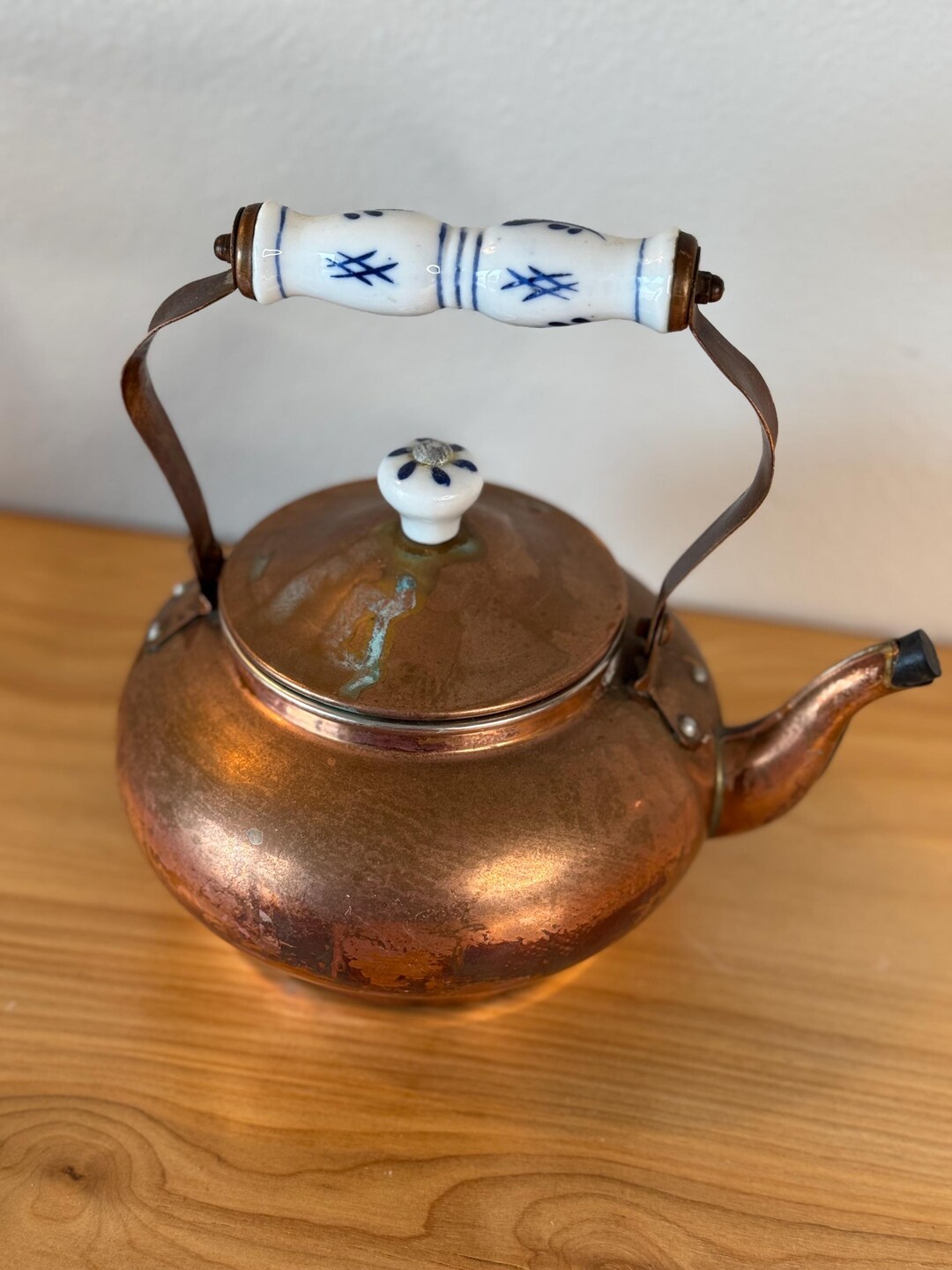 Antique Copper Teapots - Copper Kettles W/ Blue & White Ceramic Handles ...