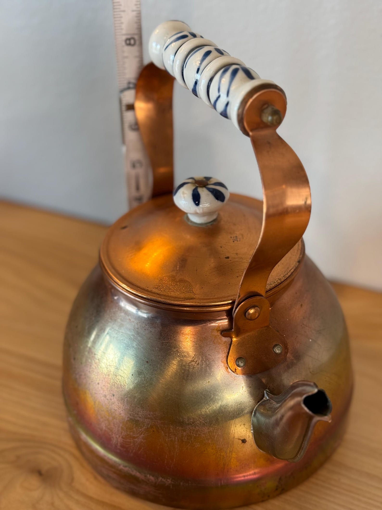 Antique Copper Teapots - Copper Kettles W/ Blue & White Ceramic Handles ...