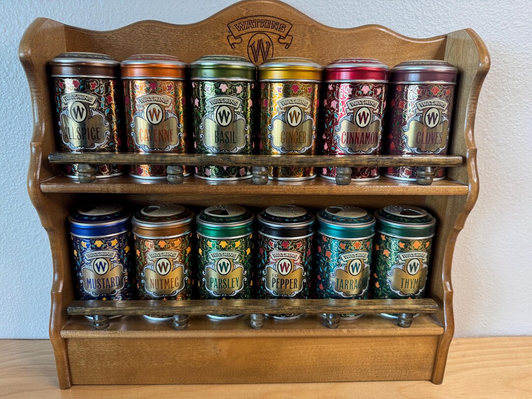 Vintage Wood Watkins Spice Rack With Spice Jars - Vintage Wood Wall ...