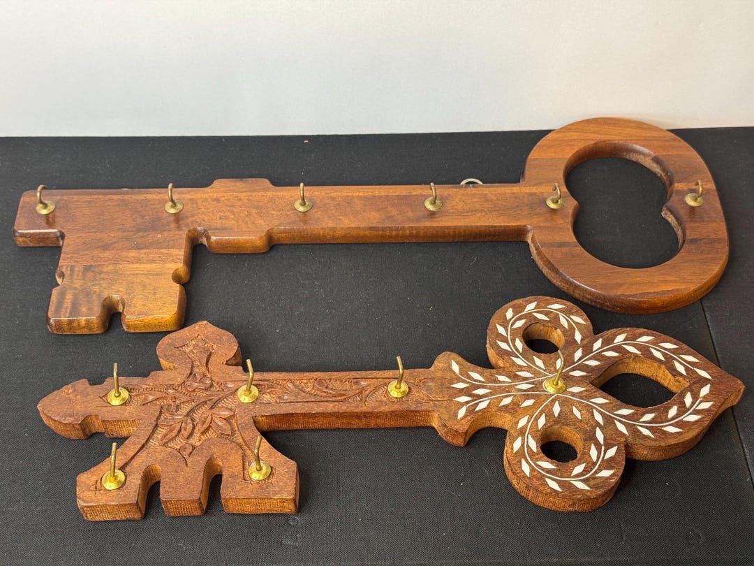 Vintage Wood Wall Key Holders / Wood - Brass - Inlay / Key Organization ...