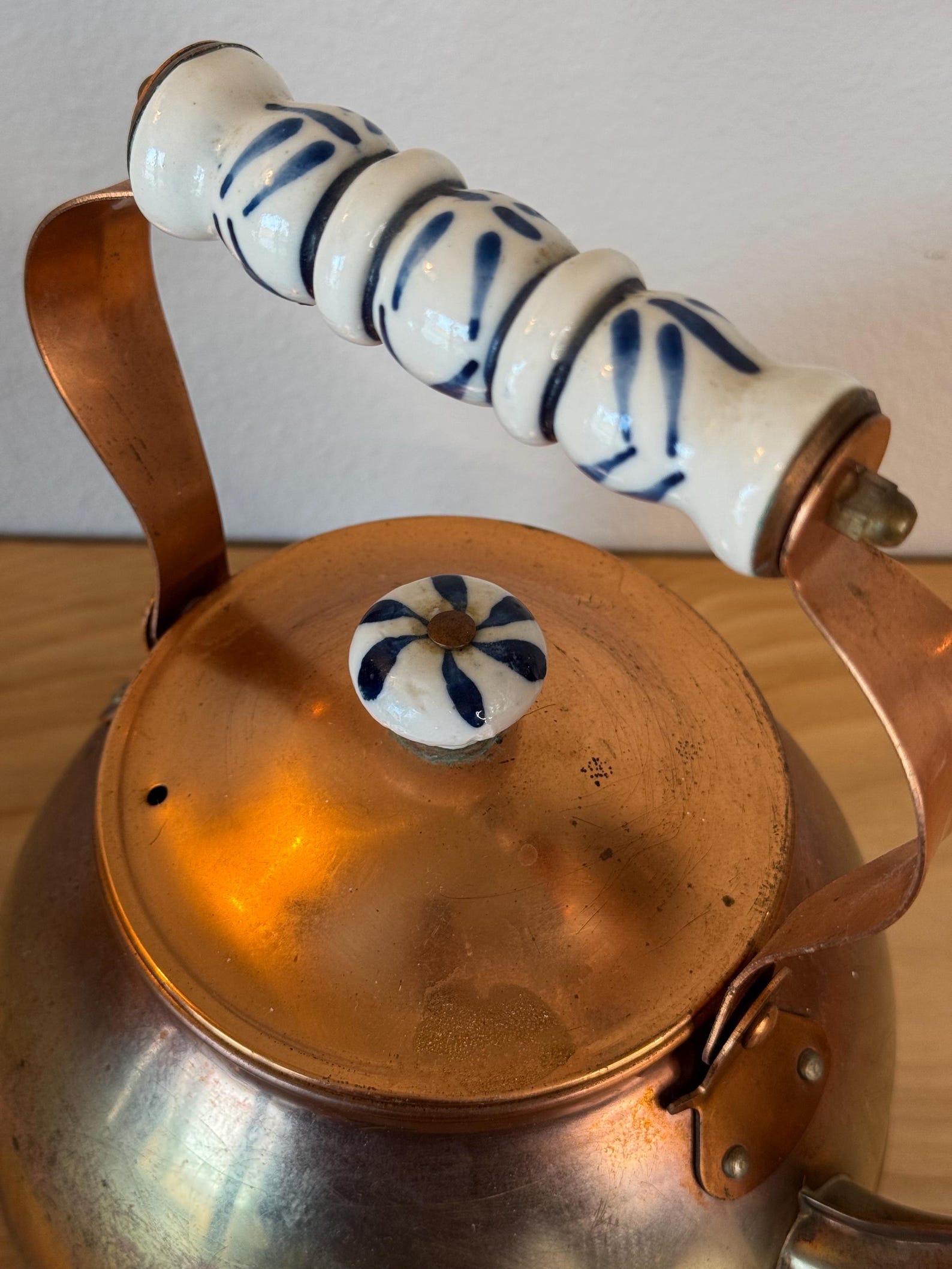 Antique Copper Teapots - Copper Kettles W/ Blue & White Ceramic Handles ...