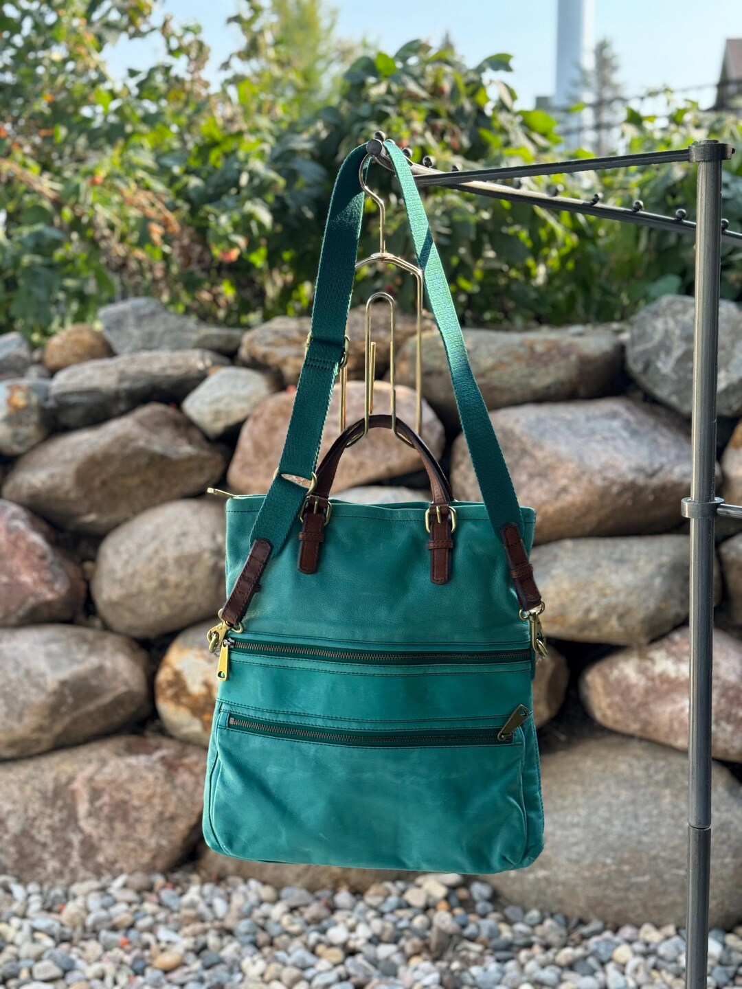 Stunning FOSSIL XL Explorer Bag Teal / Turquoise Fold Over W/ Shoulder ...