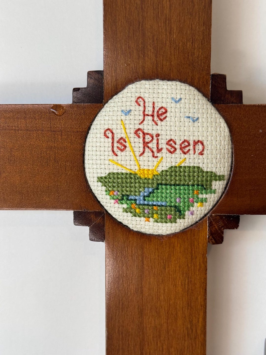 Vintage Wood Cross Crucifix - Embroidered Cross-stitch Center - Dove ...