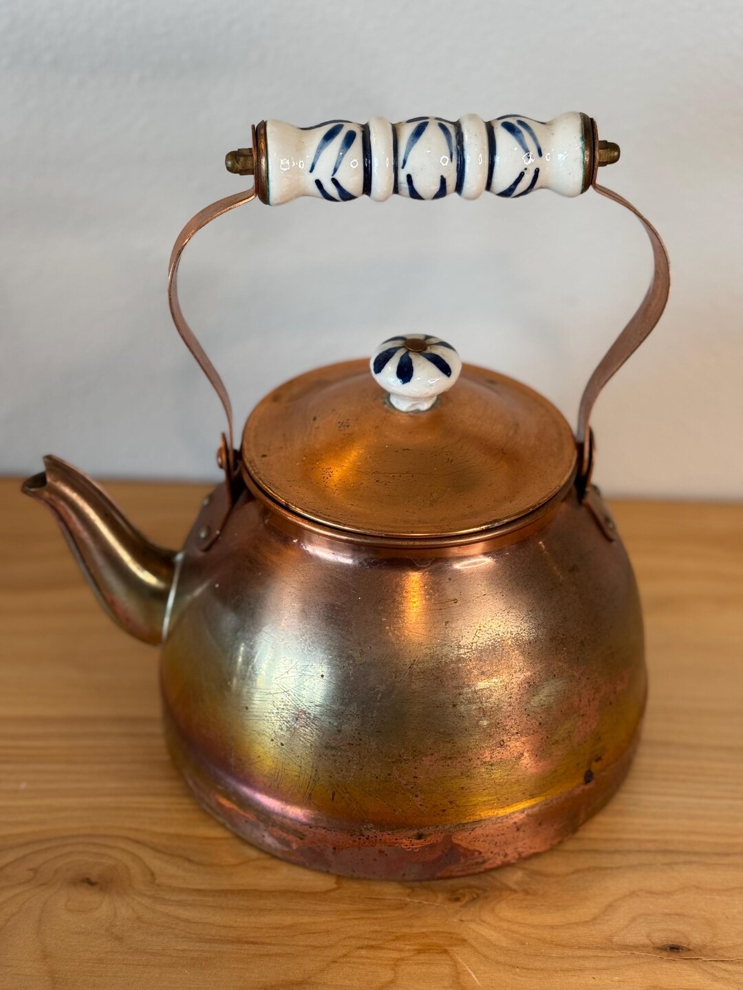 Antique Copper Teapots - Copper Kettles W/ Blue & White Ceramic Handles - Patina Character ...