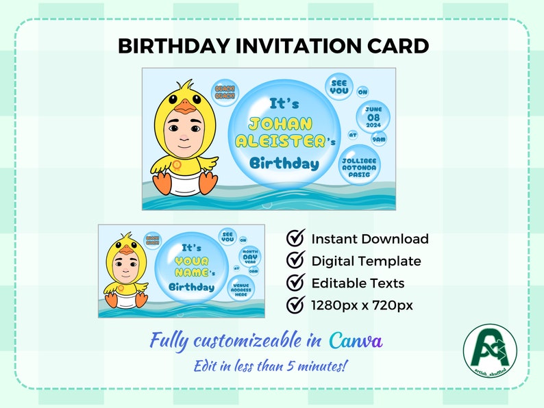 Duck Theme Birthday Invitation Card, Party Invite, Instant Download ...