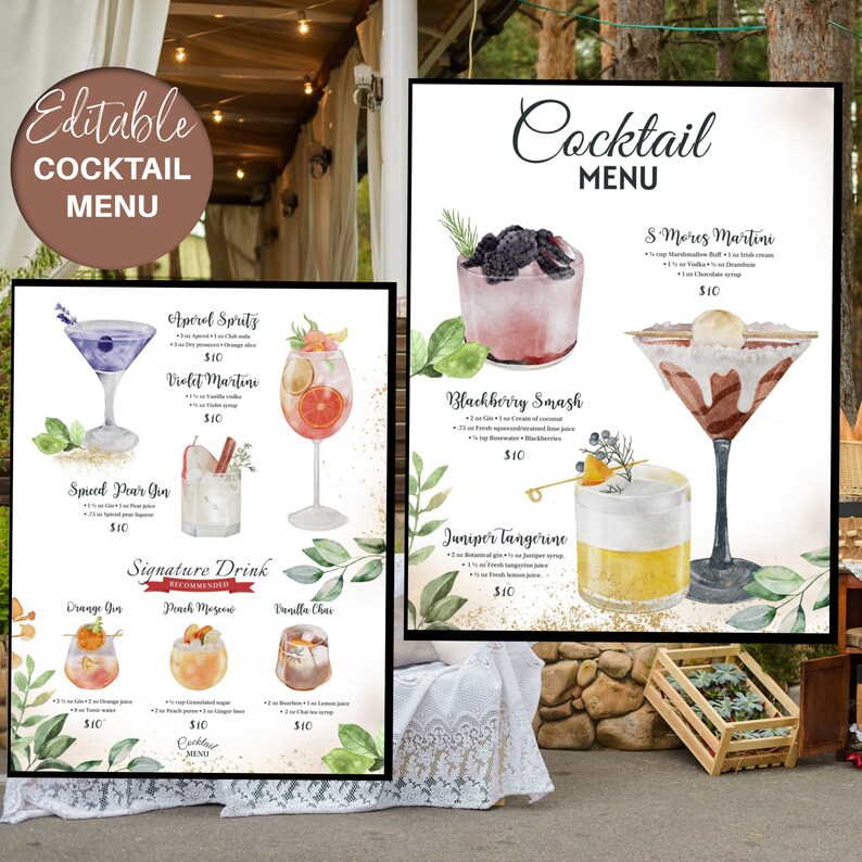 Cocktail Bar Menu Sign, Editable Wedding Bar Menu Template, Table Sign ...