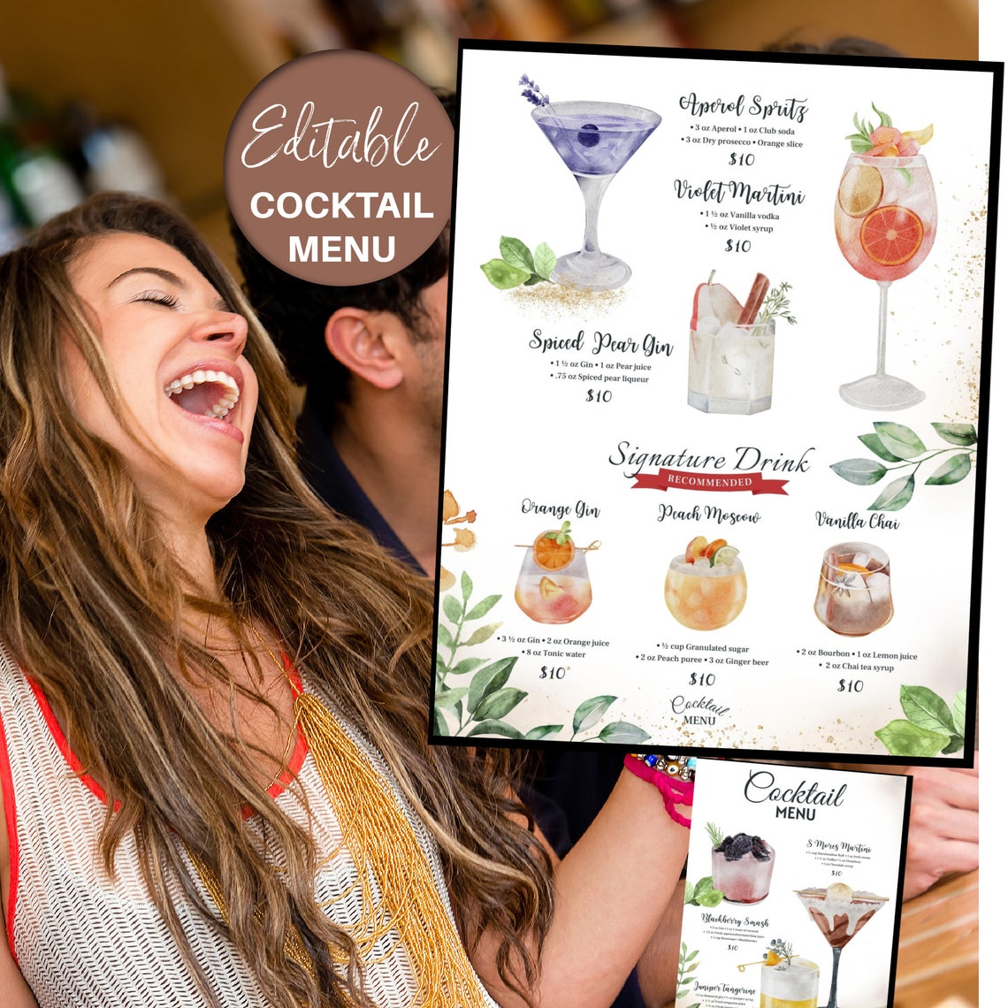 Editable Cocktail Bar Menu Sign: Wedding & Party Drinks (digital ...