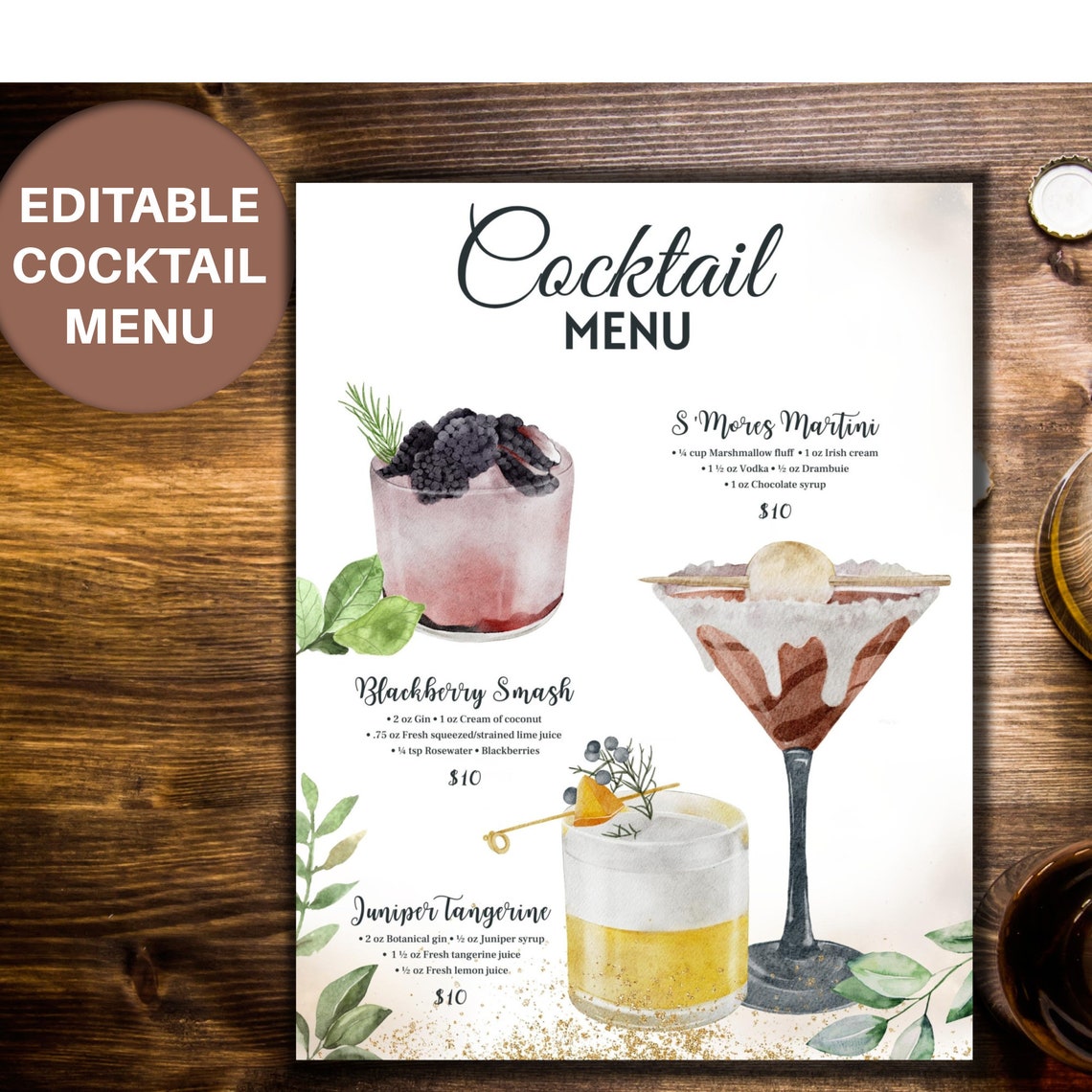 Editable Cocktail Bar Menu Sign: Wedding & Party Drinks (digital ...