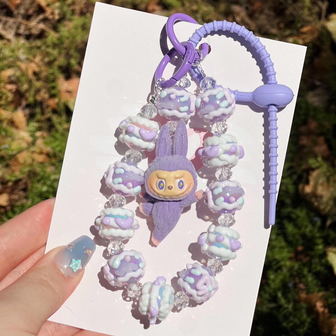 Lavender Purple Labubu Beaded Keychain Phone Charm Bag Charm Lazy Yoga ...