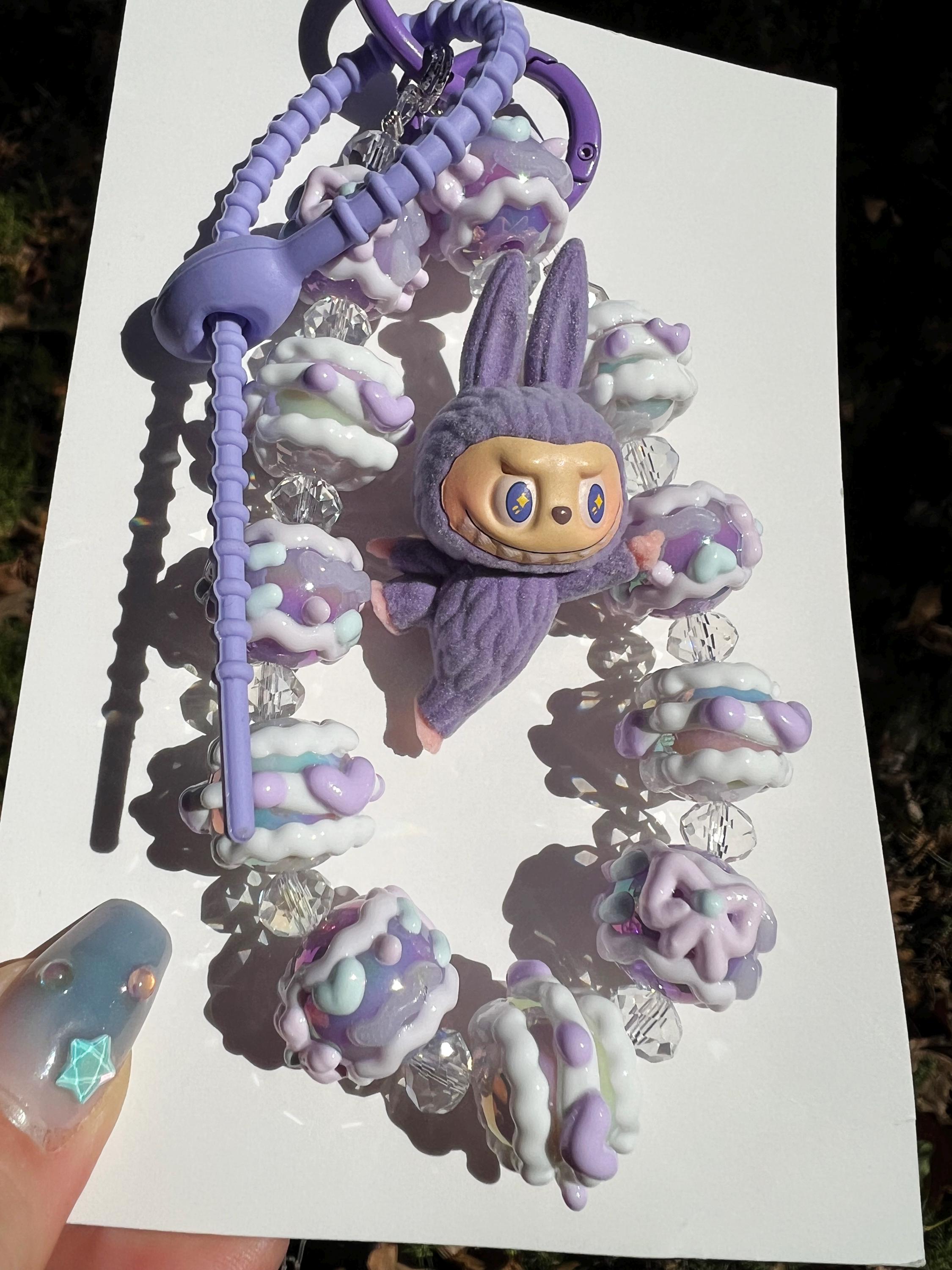 Lavender Purple Labubu Beaded Keychain Phone Charm Bag Charm Lazy Yoga ...