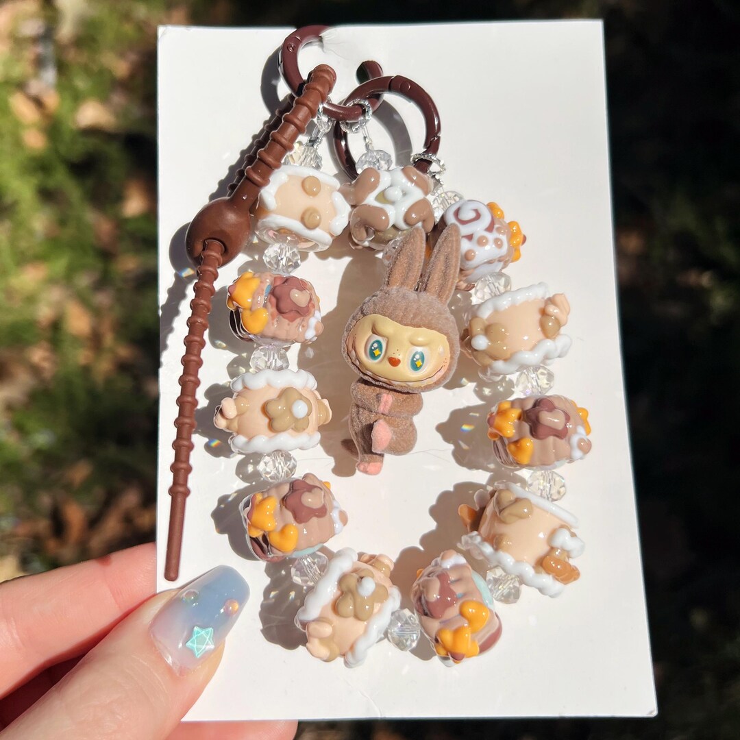Brown Labubu Beaded Keychain Phone Charm Bag Charm - Lazy Yoga - Pastel ...