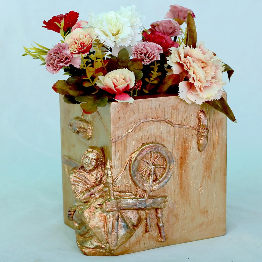 Old Lady Sculpture Art Spinning Wheel Vase Handmade - Etsy