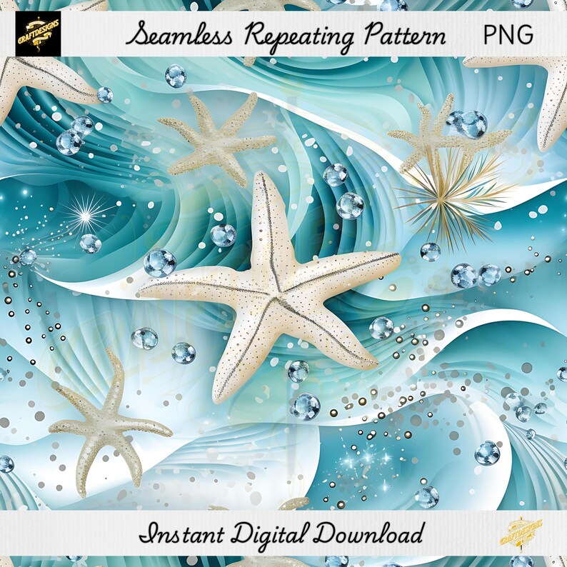 Starfish Waves Seamless Pattern, Coastal Nautical Design (PNG Digital ...