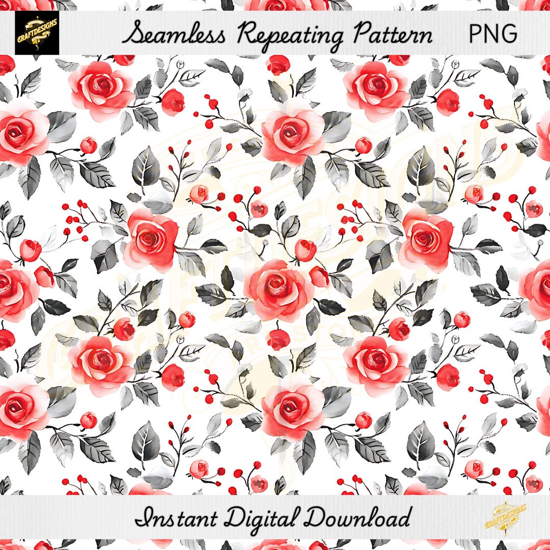 Red Rose Floral Seamless Pattern, Printable Flower Repeat File ...