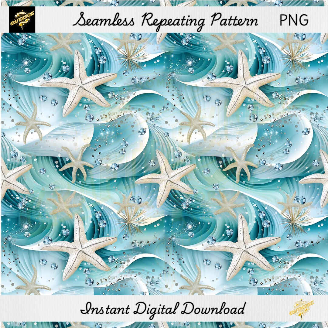 Starfish Waves Seamless Pattern, Coastal Nautical Design (PNG Digital ...