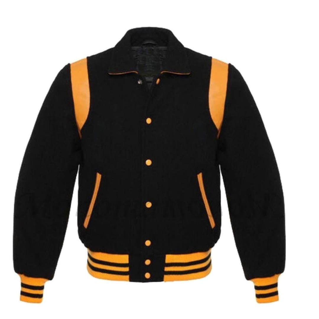 BLACK & YELLOW CLASSIC Varsity Jacket With Leather Shoulder Inserts and ...