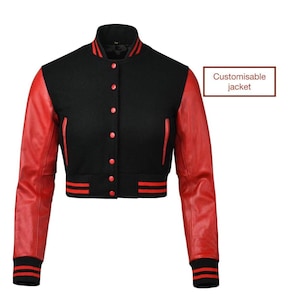 Women’s Cropped Varsity Jacket Black Wool Body & Red Cowhide Leather ...