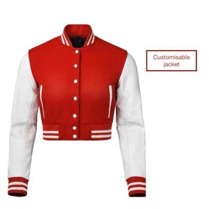 Women’s Cropped Varsity Jacket Black Wool Body & Red Cowhide Leather ...