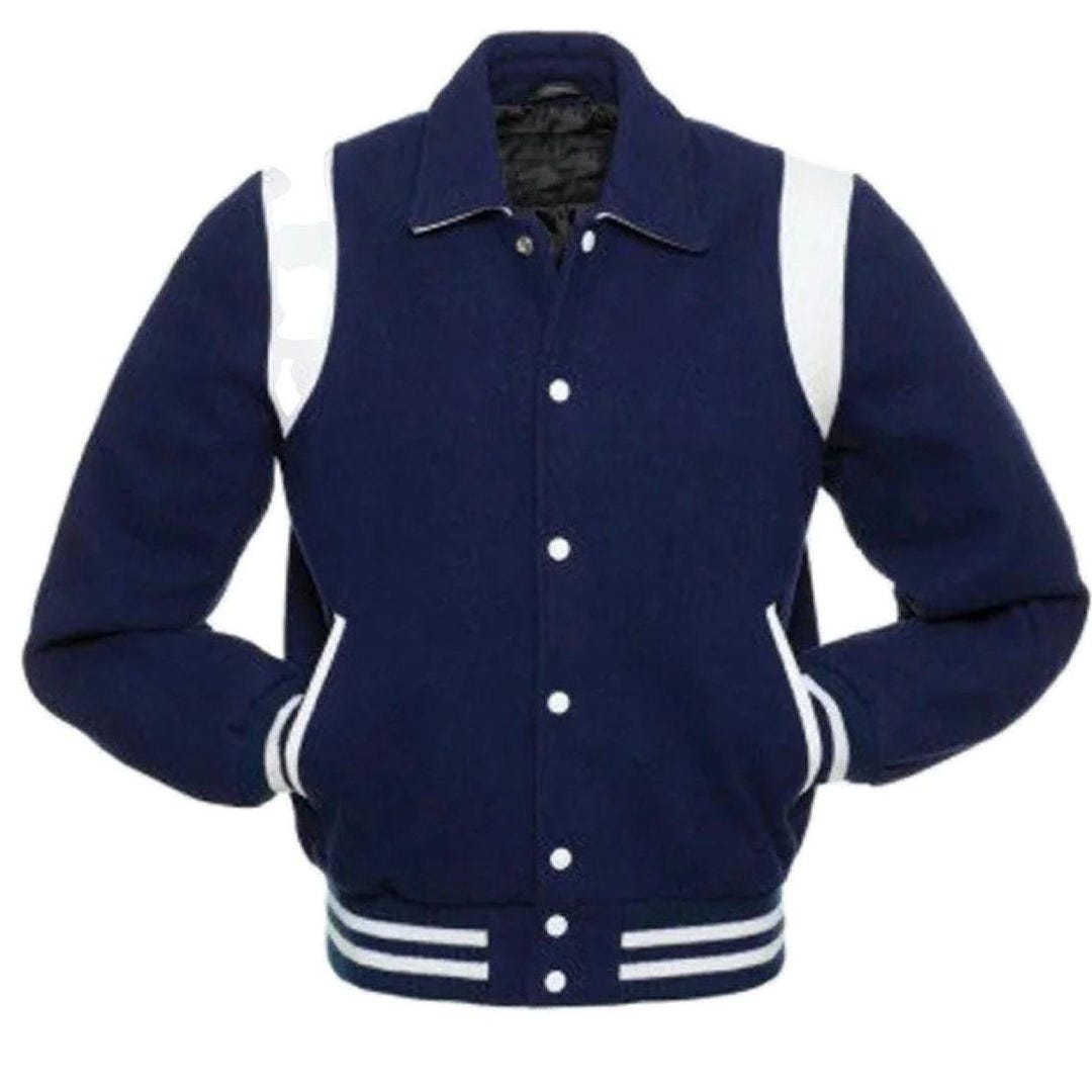 BLUE & WHITE CLASSIC Retro Varsity Jacket With Leather Shoulder Inserts ...