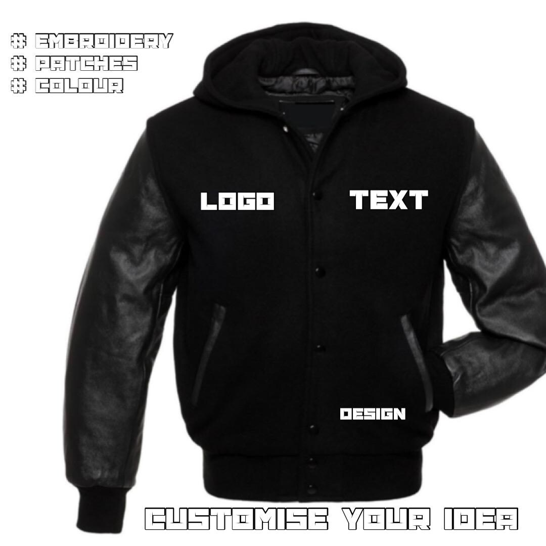 HOODED VARSITY JACKET | Windbreaker Jacket)customizable Black Premium ...
