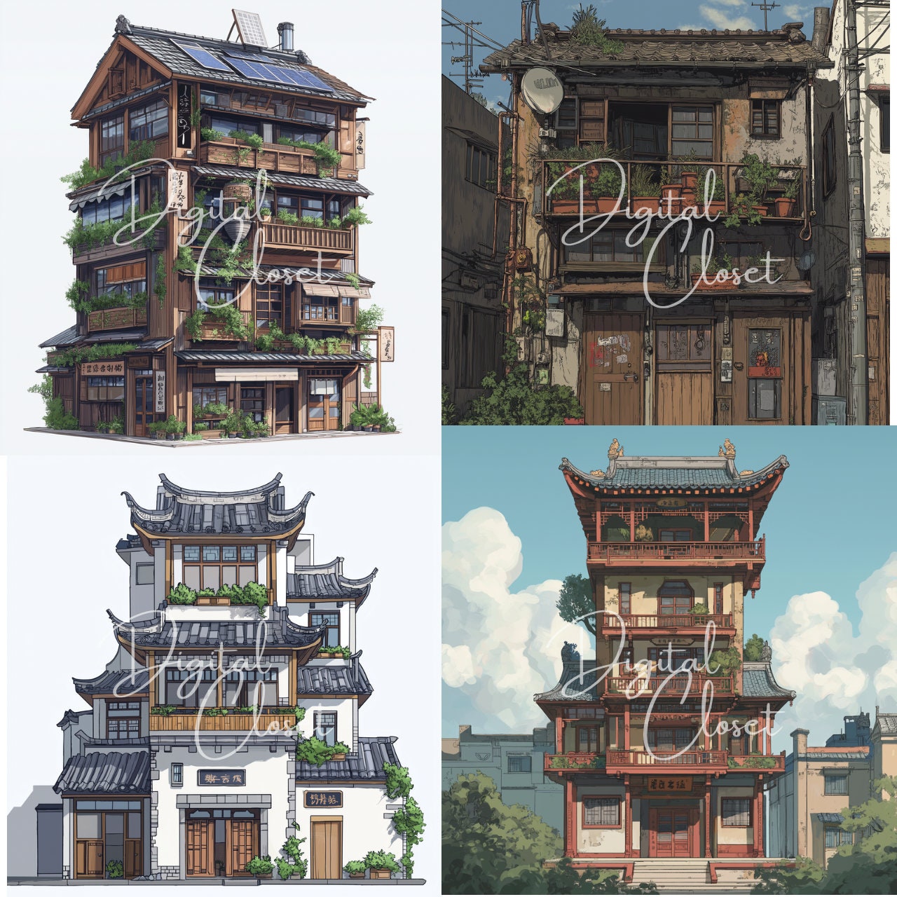 40 Different Anime-style Buildings Illustration - Traditional Wooden ...