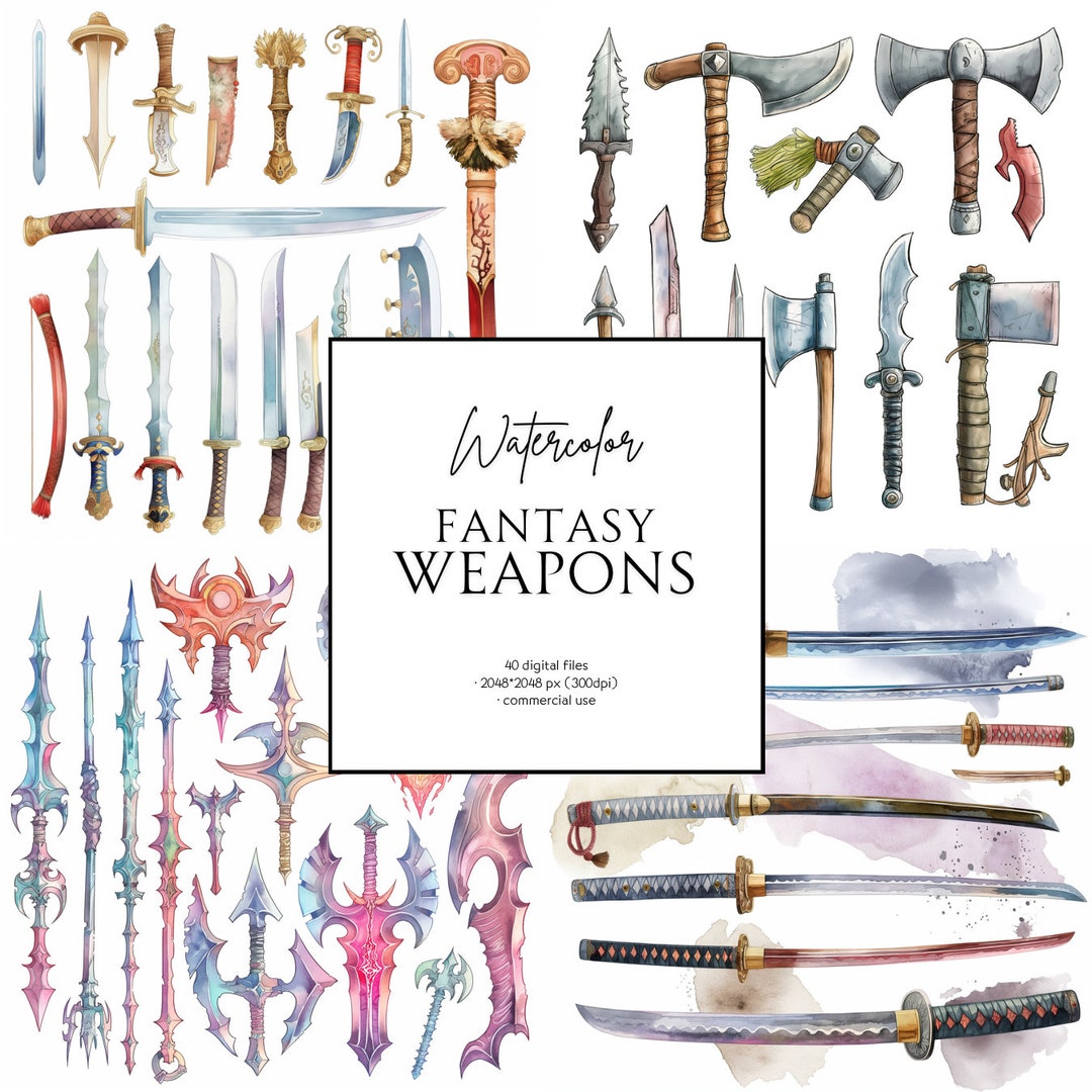 40 Fantasy Weapon Sets - Watercolor - Game Art - Fantasy Elements ...