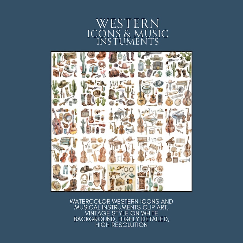 Watercolor Western Icons and Musical Instruments Clipart, Vintage Style ...
