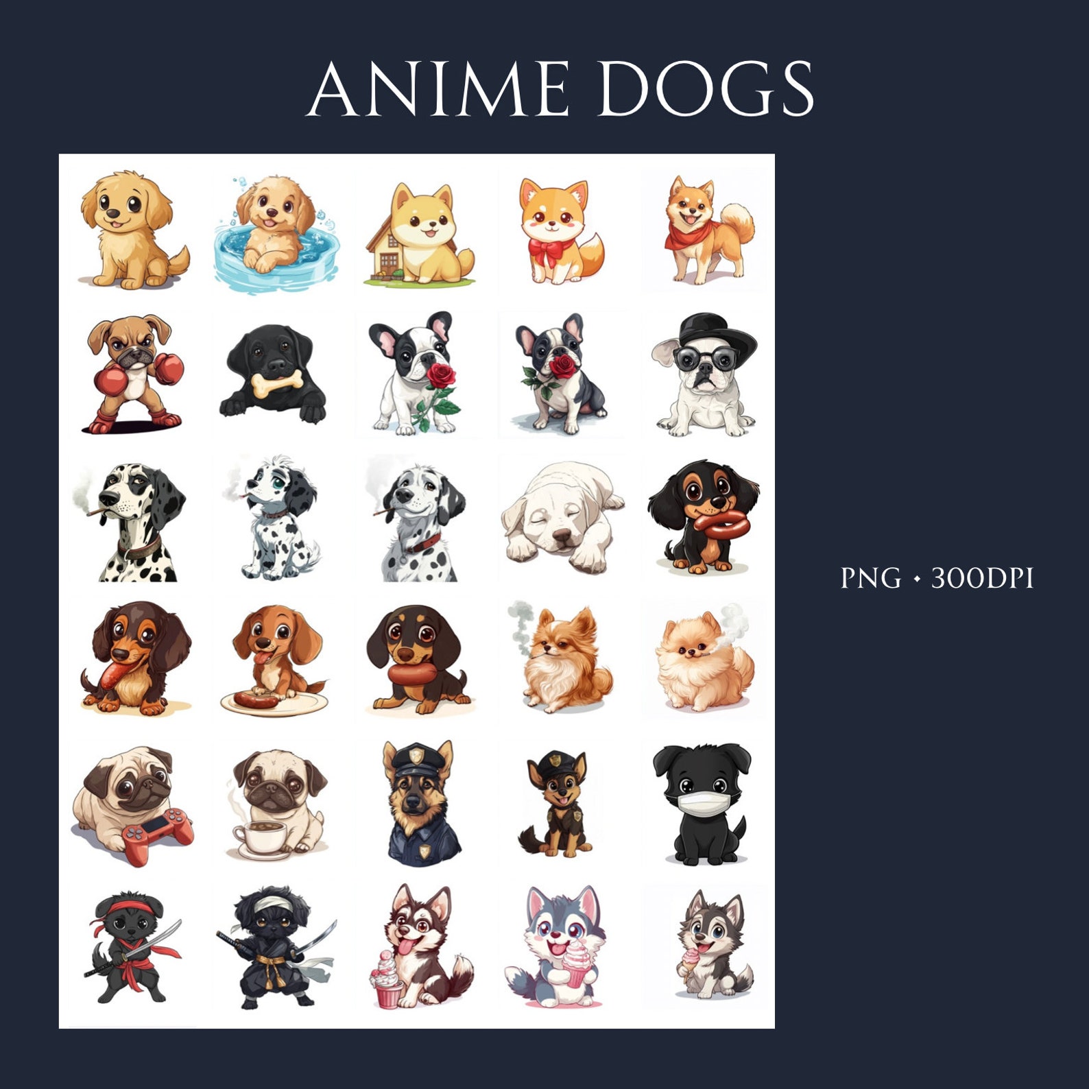 30 Cute Anime Dogs - Various Breeds of Dat - PNG Format - Scrapbooking ...