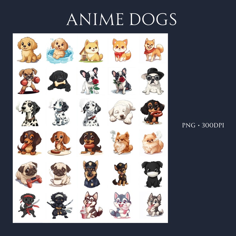 30 Cute Anime Dogs - Various Breeds of Dat - PNG Format - Scrapbooking ...