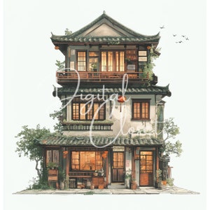 40 Different Anime-style Buildings Illustration - Traditional Wooden ...