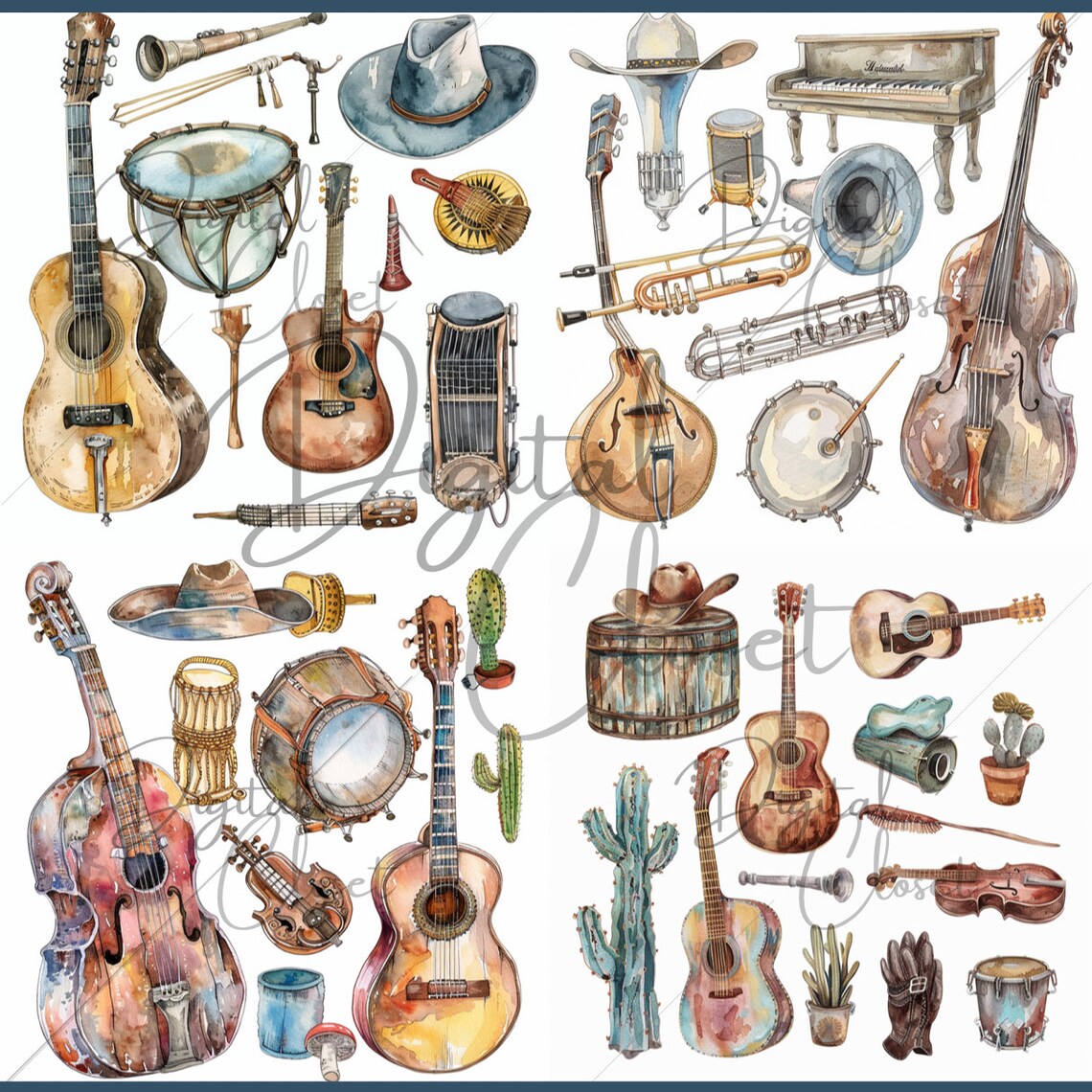 Watercolor Western Icons and Musical Instruments Clipart, Vintage Style ...