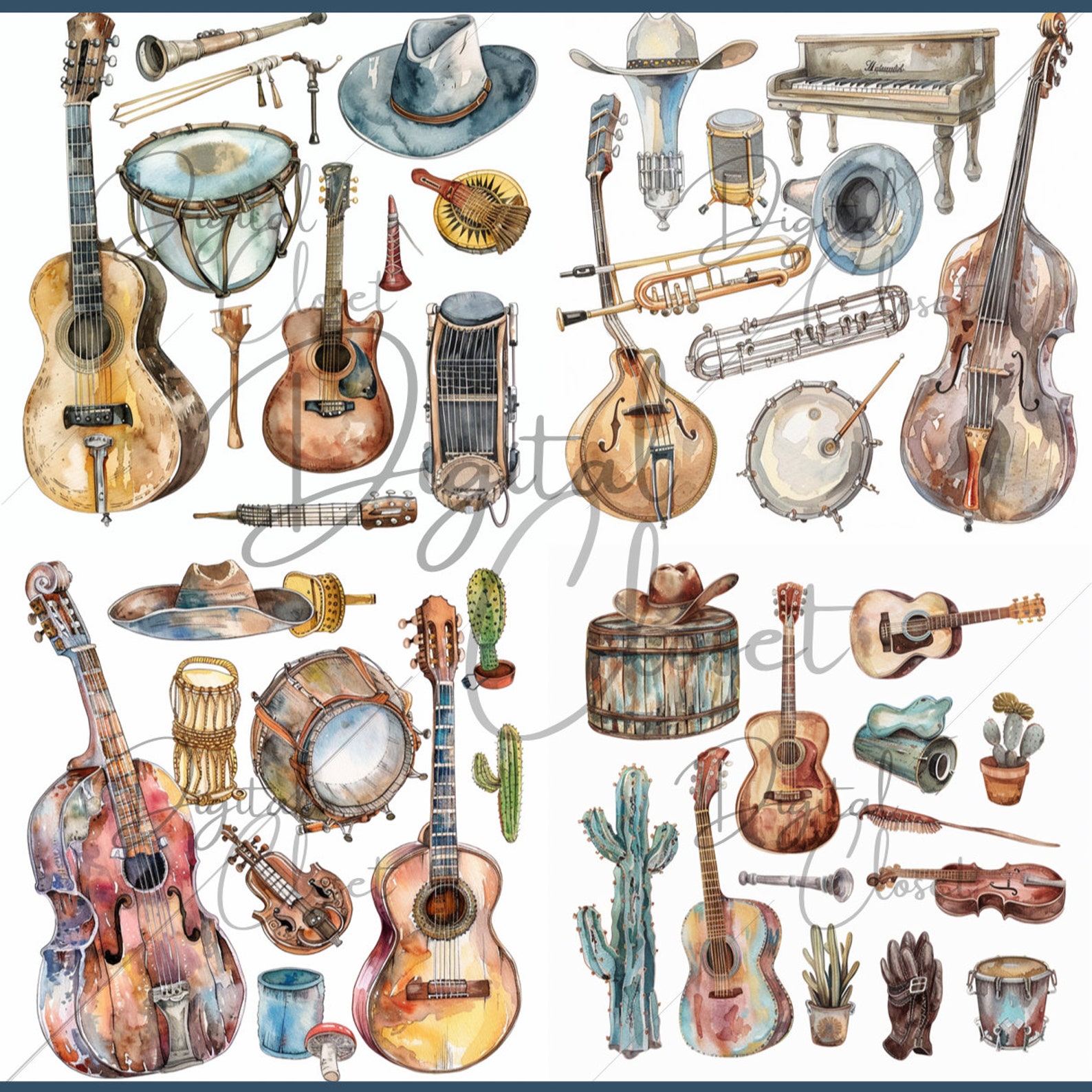 Watercolor Western Icons and Musical Instruments Clipart, Vintage Style ...