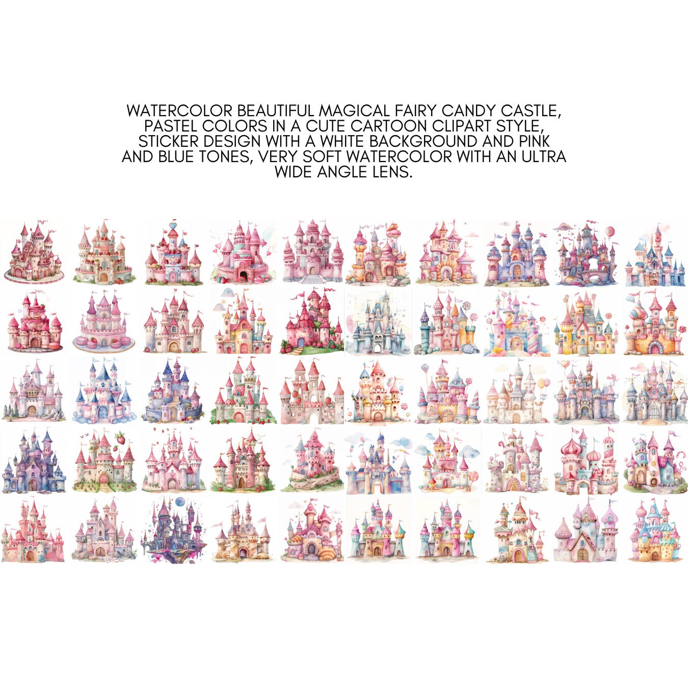 50 Sweets Candy Castle - Watercolor - Pastel Colors in a Cute Cartoon ...