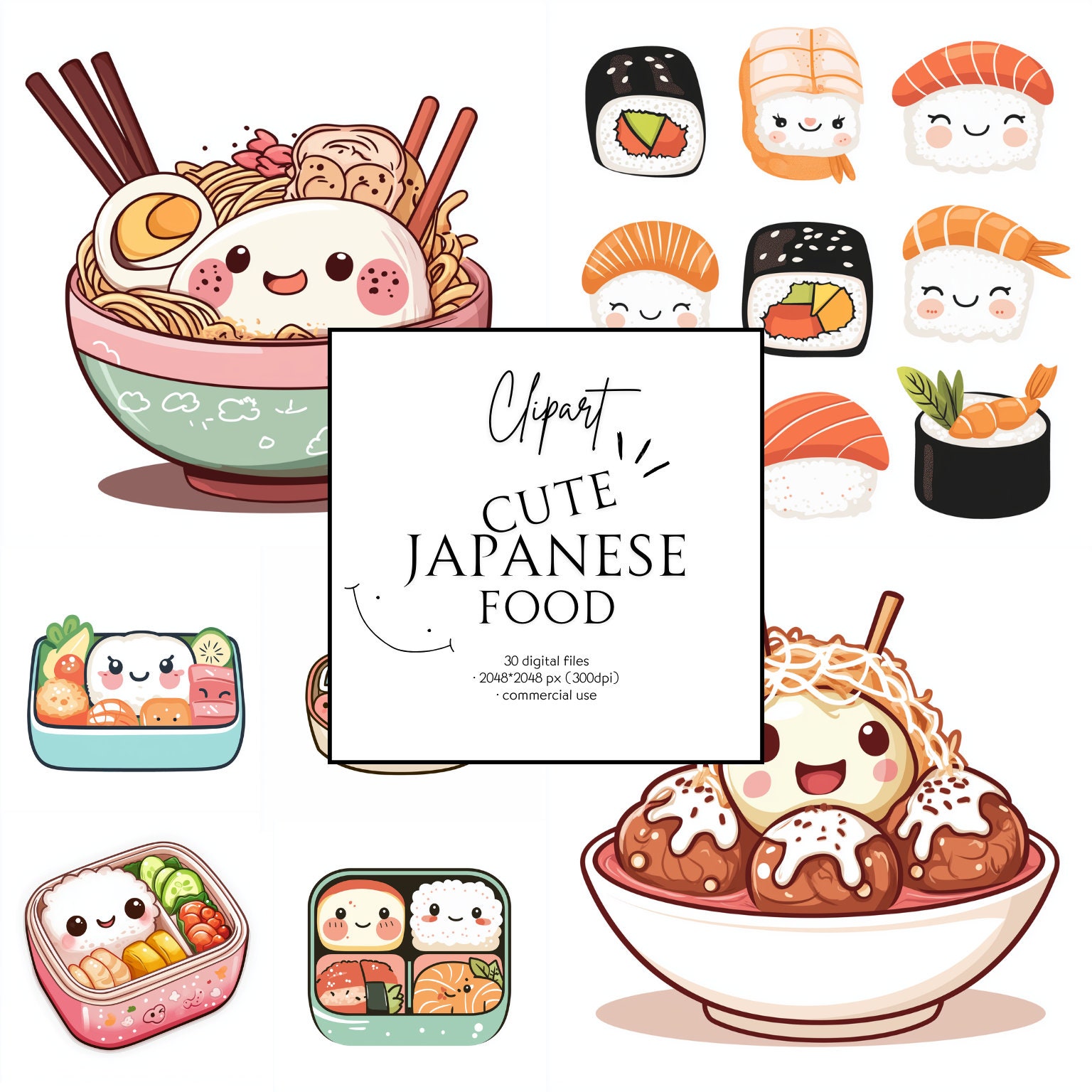 30 Cute Japanese Food Clipart - Sushi, Ramen, Takoyaki, Bento ...