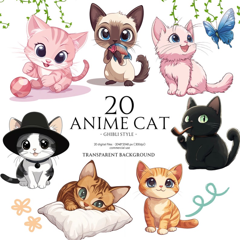20 Cute Anime Cats - Ghibli Style - Various Breeds of Cat - PNG Format ...