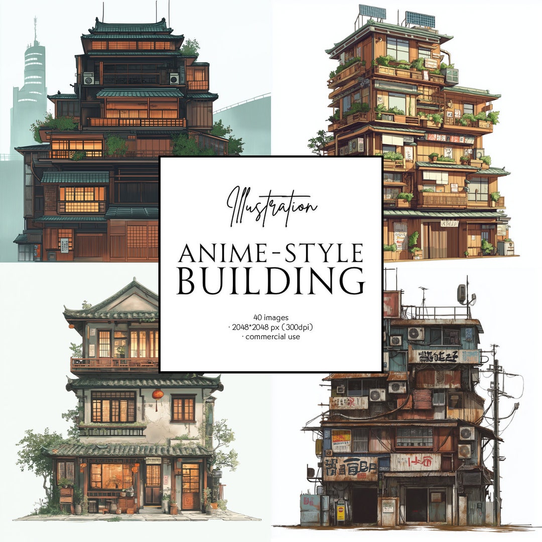 40 Different Anime-style Buildings Illustration - Traditional Wooden ...