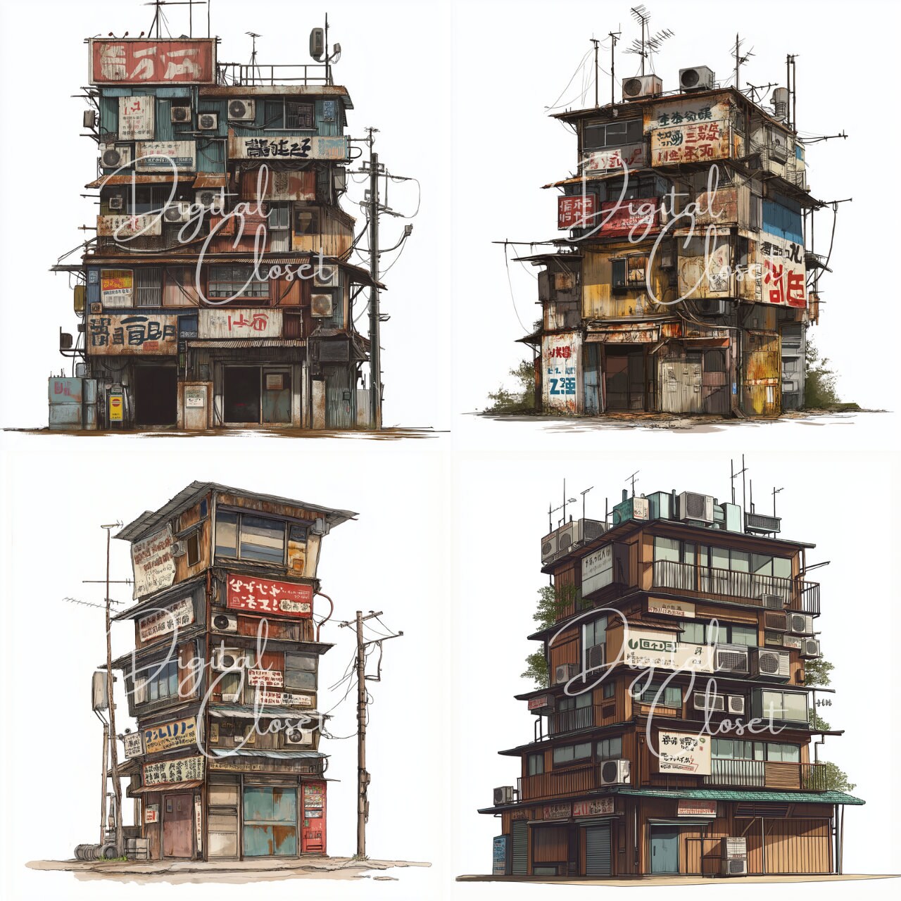 40 Different Anime-style Buildings Illustration - Traditional Wooden ...