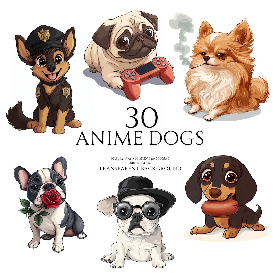 30 Cute Anime Dogs - Various Breeds of Dat - PNG Format - Scrapbooking ...
