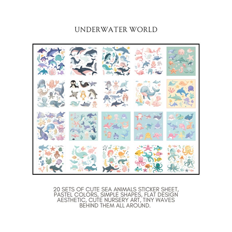 20 Sets of Cute Sea Animals Sticker Sheet, Cute Nursery Art, Clipart ...