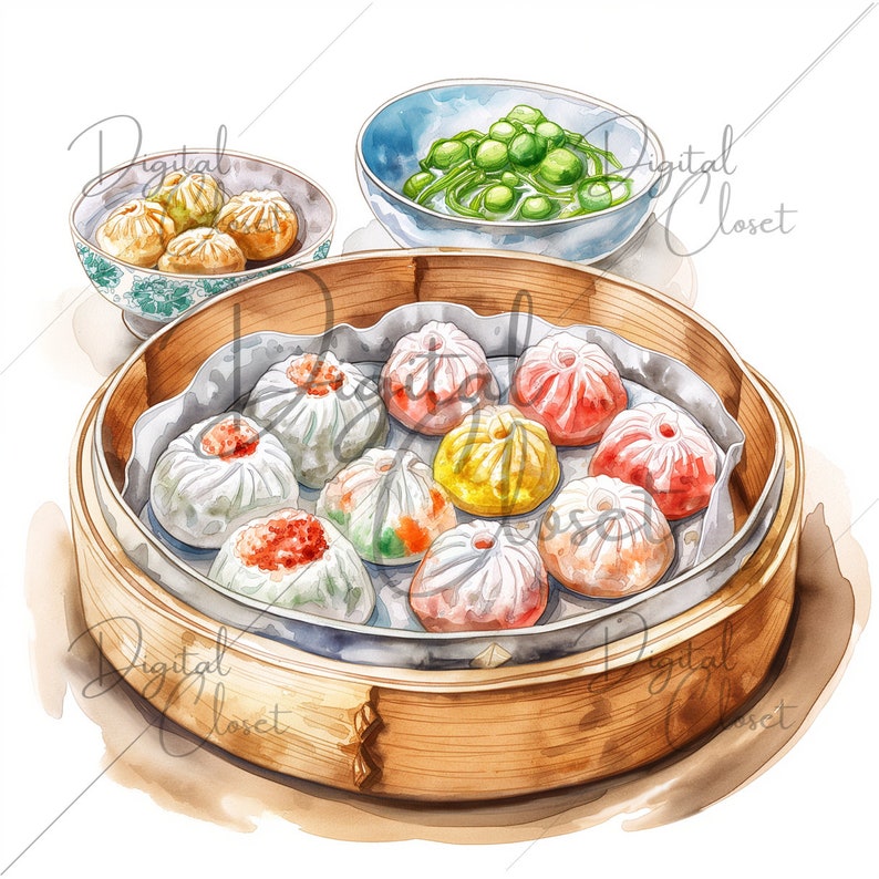 Watercolor Illustrations of Chinese Food, Such as Dim Sum, Chow Mein ...
