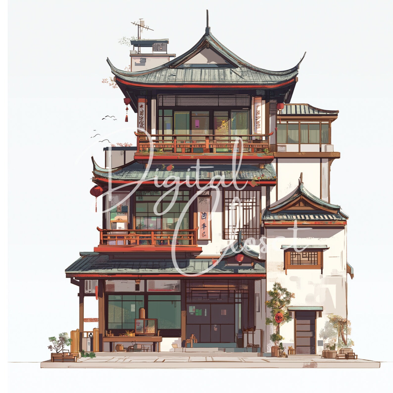 40 Different Anime-style Buildings Illustration - Traditional Wooden ...