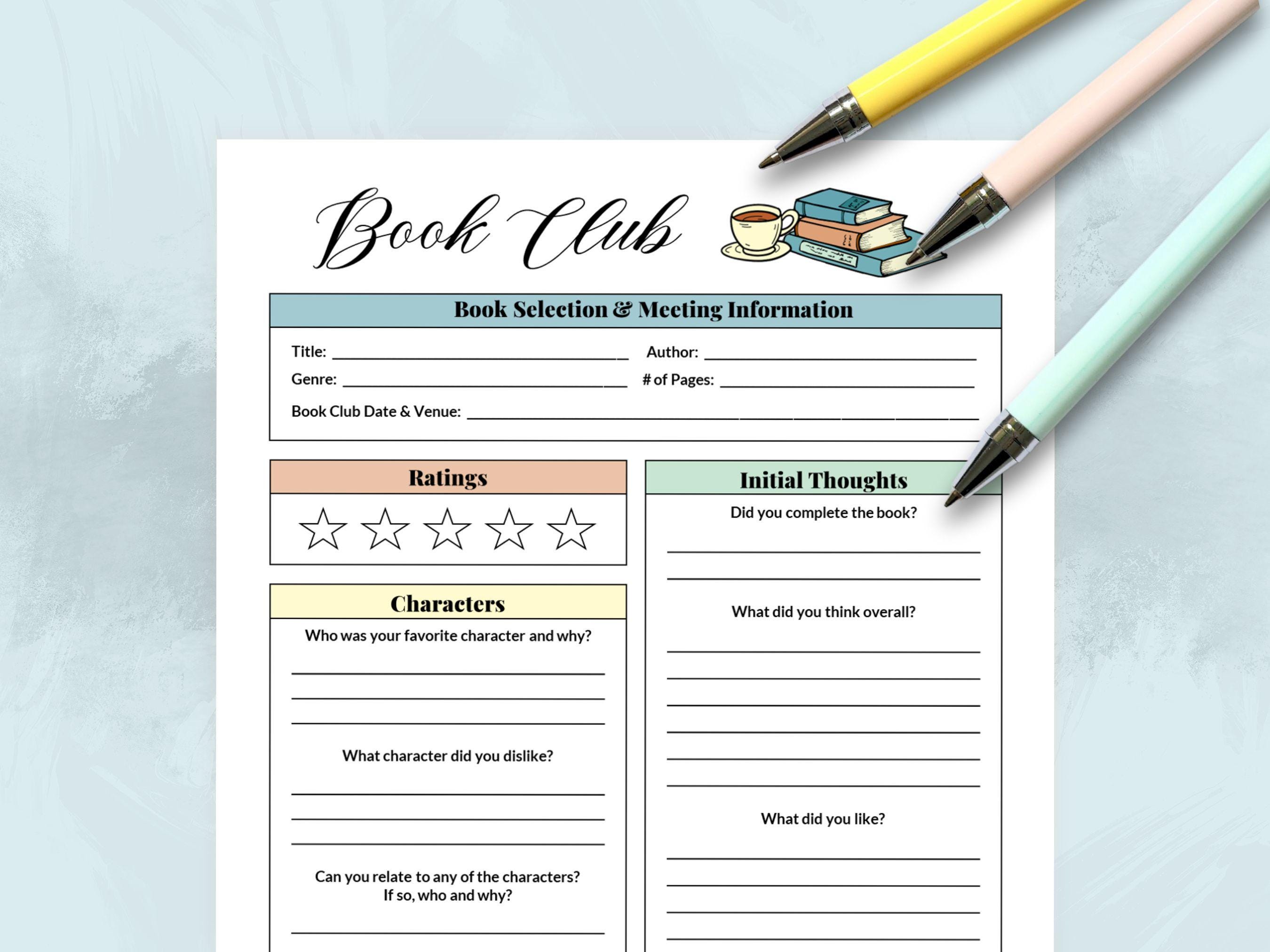 Printable Book Club Discussion, Book Review, Book Club Printables ...