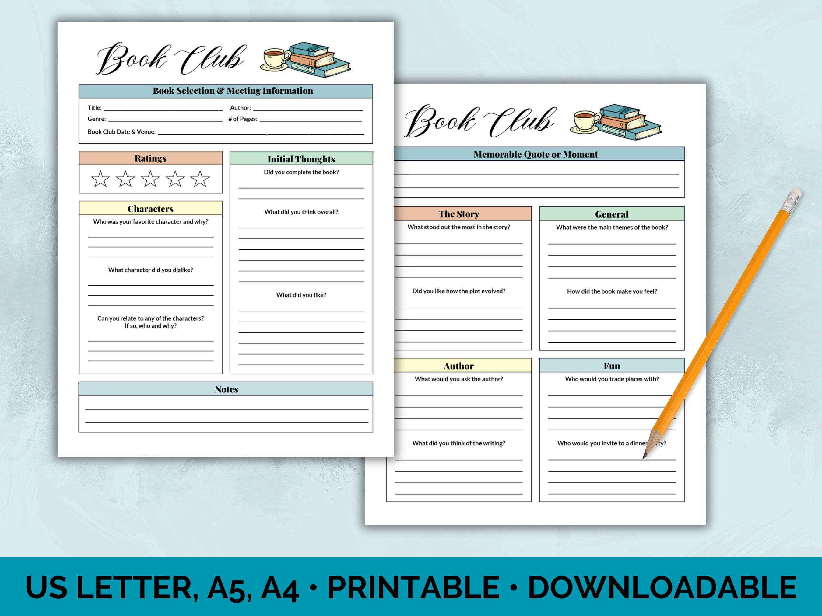 Printable Book Club Discussion, Book Review, Book Club Printables ...
