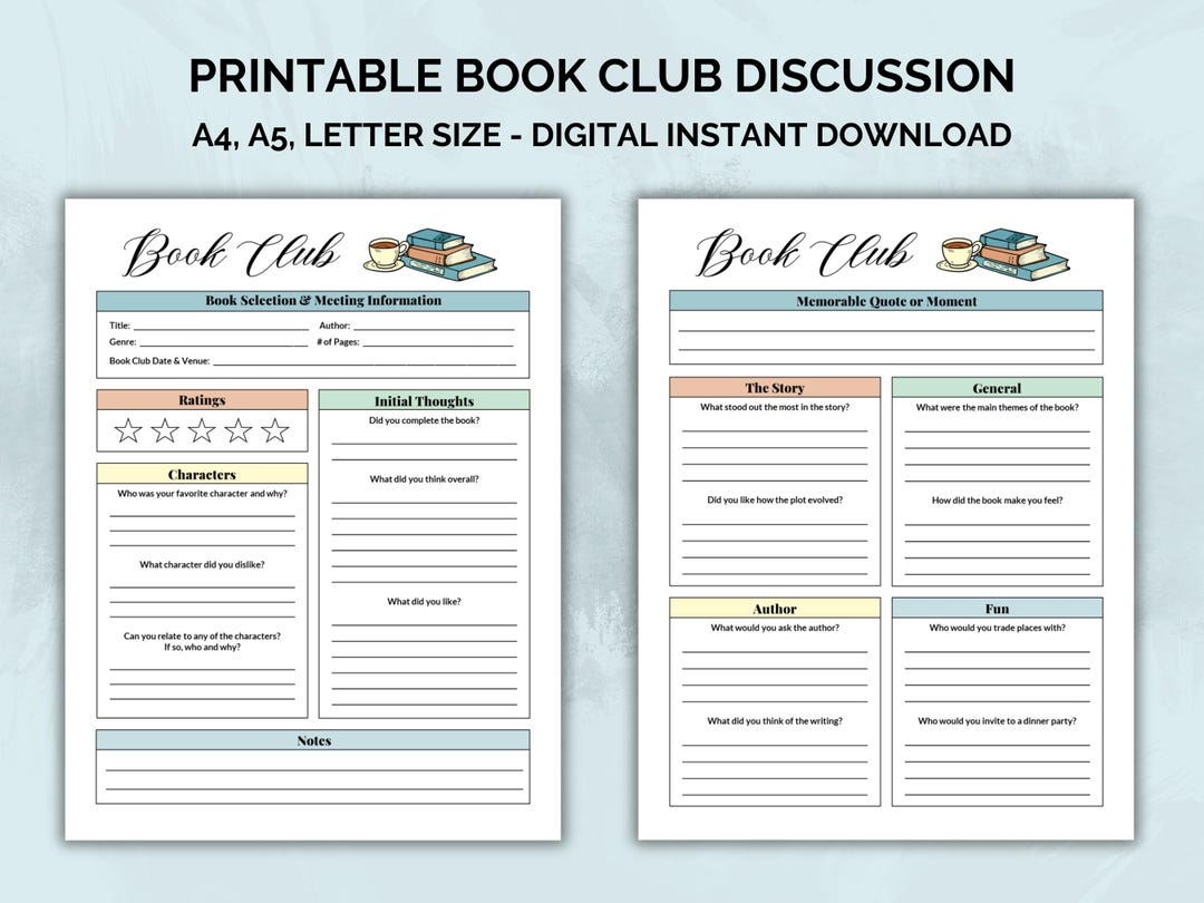 Printable Book Club Discussion, Book Review, Book Club Printables ...